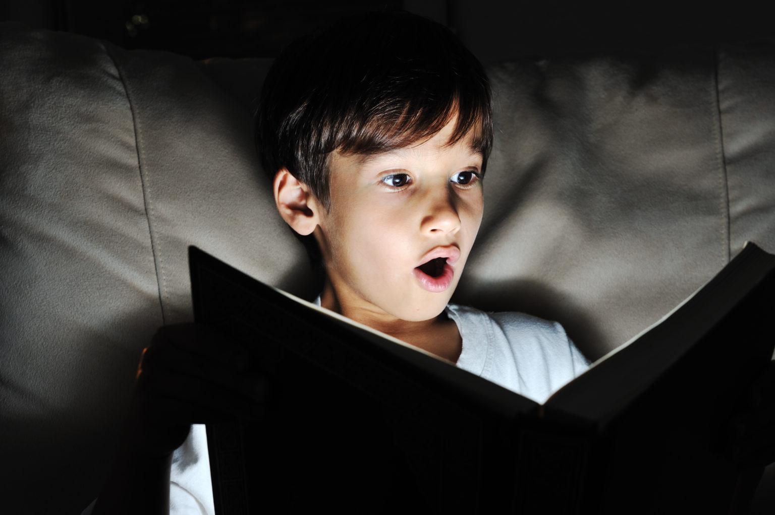 Shocked kid reading book, light in darkness - Agent Inner Circle