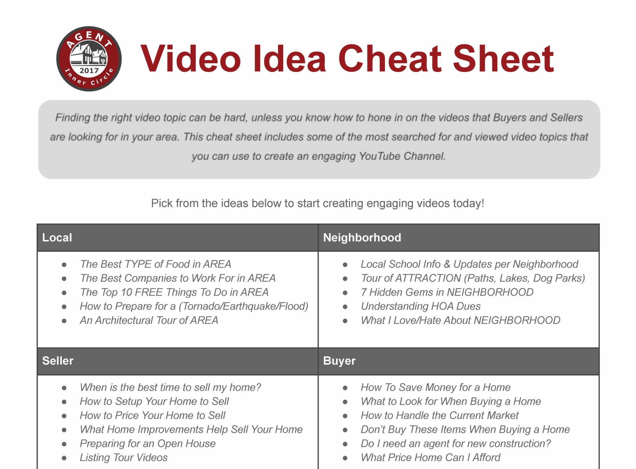 Video Idea Cheat Sheet - Agent Inner Circle
